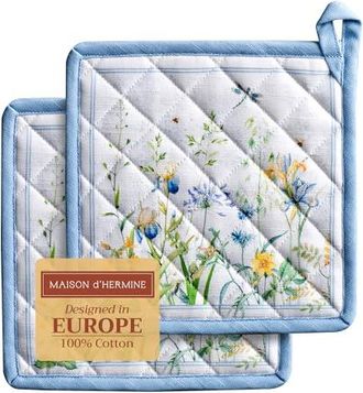 Maison d'Hermine Fleurs De Mai Lot de 2 maniques, 100% Coton, pour Barbecue, Cuisson, Four, Micro-Ondes, grillades, Printemps/&eacute;t&eacute;, P&acirc;ques (20cm x 20cm)