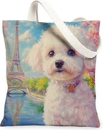 Generic Sac fourre-tout en toile motif bichon fris&eacute; printanier 33 x 38,1 cm, tour romantique, sac d&eacute;picerie r&eacute;utilisable pour femme, motif animal de compagnie