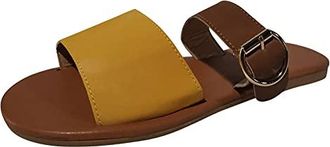 Generic Sandales plates en cuir pour femme - Sandales plates d&eacute;contract&eacute;es &agrave; double sangle - Sandales &agrave; bout ouvert - Sandales larges et d&eacute;contract&eacute;es - Chaus