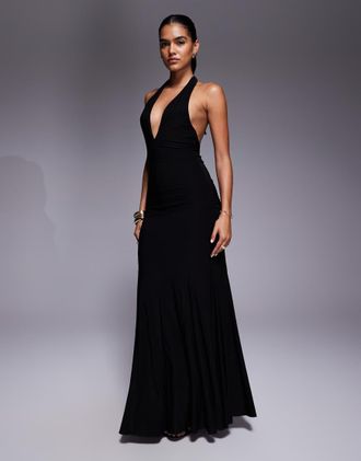 Fashionkilla Robe longue double épaisseur près du corps avec ourlet à godets et encolure américaine plongeante - Noir