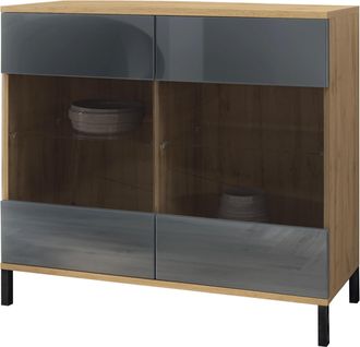 Vladon Kommode Bari V3, Moderner Küchenschrank mit 2 großen Glastüren Eiche Evoke/Grau Hochglanz (92,5 x 83.5 x 35)