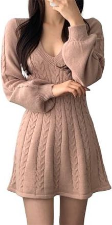 Generic Robe dautomne d&eacute;contract&eacute;e &agrave; manches longues et col en V pour femme, en tricot torsad&eacute;, &agrave; manches longues, pour un usage quotidien, rose, L