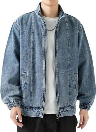 Generic Veste en jean décontractée à col montant pour homme avec fermeture éclair et fermeture éclair, bleu, XXL