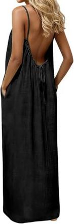 Generic Robe caraco d&eacute;contract&eacute;e pour femme, dos nu, couleur unie, robe caraco dos nu, robe d&eacute;t&eacute; d&eacute;contract&eacute;e sans manches avec noeud dans le dos, robe de pla