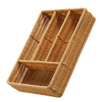 Hemobllo Rechteckiger Aufbewahrungskorb mit Trennw&auml;nden Flechtoptik 34x26x7cm K&uuml;chen und Schreibtisch Organizer f&uuml;r Besteck Schl&uuml;ssel und Fernbedienungen