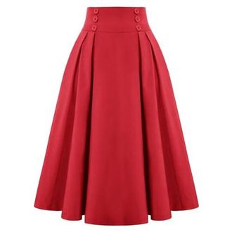 Generic Jupe mi-Longue &agrave; Carreaux pour Femmes, Vintage, Taille Haute, pliss&eacute;e, avec Poches, &eacute;l&eacute;gante, &eacute;vas&eacute;e, Ligne A, Taille &eacute;lastique, Rouge, XL