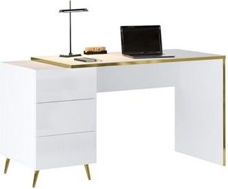 Vente-Unique Bureau avec tiroirs - Blanc Brillant et dor&eacute; - MARZIALO - avec Rangement