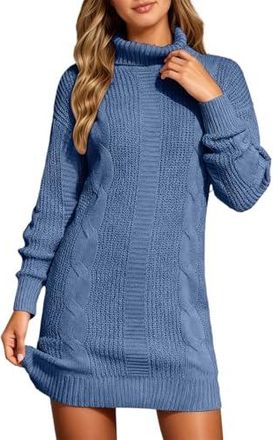 Generic Robe amincissante en tricot &agrave; manches longues et col roul&eacute; - Coupe ajust&eacute;e - Pull mi-long pour lautomne et lhiver, bleu, XXL