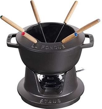 Staub Fondue Set mit 6 Gabeln, Gusseisen, 18 cm, 1,6 l, Geeignet für Käse- Schoko- und Fleisch-Fondue, Schwarz