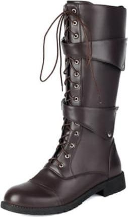 Generic Bottes Combat Hautes À Lacets Femme avec Brides À Boucle Bout Rond Talons Bas Dessus en Cuir PU Durable À Enfiler Chaussures Décontractées Extérieures