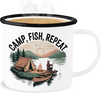 Shirtracer Emaille Becher Blechbecher - Tassen - Camp Fish Repeat I Camping Geschenk Angler I Angelgeschenk M&auml;nner I Camper Geschenkideen Angeln I Outdoorfans I 