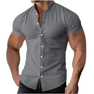 Generic Chemise en lin pour homme respirante unie boutonn&eacute;e &agrave; col montant intelligente classique l&eacute;g&egrave;re confortable d&eacute;contract&eacute;e &agrave; manches courtes pour l&eacute;t&eacute; e