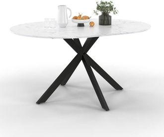 IDMarket Ausziehbarer runder Esstisch ALIX 4-8 Personen Spinnenbein Metall schwarz Tischplatte Marmoreffekt ALASKA 110-150 cm