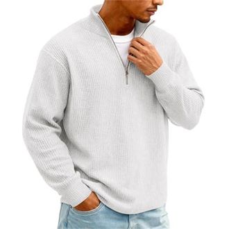 Generic Pull gaufr&eacute; &agrave; fermeture &eacute;clair 1/4 pour homme - D&eacute;contract&eacute; - Texture - Fermeture &eacute;clair - L&eacute;ger - Tendance - Basique - Mock, blanc, 5XL