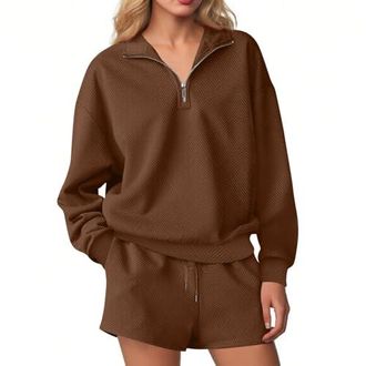 Generic Ensemble short de surv&ecirc;tement &agrave; demi-fermeture &eacute;clair pour femme - Ensemble d&eacute;contract&eacute; &agrave; col ch&acirc;le et pantalon - Tenue deux pi&egrave;ces confortable et &eacute;l&eacute;