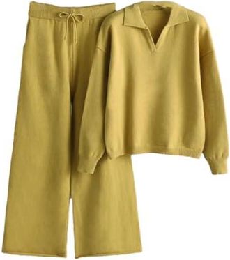 Generic Femmes Cachemire Col Rabattu Tricot&eacute; Ensembles Tenues Amples Surv&ecirc;tement Tenues Pulls Deux Pi&egrave;ces Pull Et Pantalon Yellow One Size