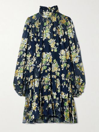 Rixo Mini-robe En Mousseline Et En Velours Dévoré À Col Noué Anaya - Bleu