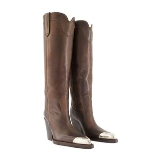 PARIS TEXAS Womens El Dorado Embellished Toe Boots - Paris Texas Leather Brown Calfskin Shoes