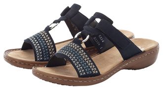Rieker Pantolette RIEKER, Damen, Gr. 36, blau (nachtblau), Nubuklederimitat, kontrastfarbene Details, Schuhe Pantolette, Keilabsatz, Sommerschuh, Schlappen m