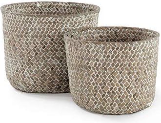 Compactor Mika Binsen-Flechtkorb, rund, Beige gekalkt, 2er Set, Rush | Metal Framework, zutreffend, RAN6534