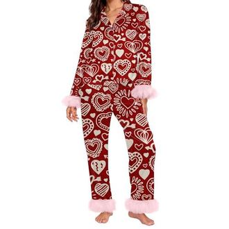 Generic Ensemble de pyjama en satin pour femme - V&ecirc;tement de nuit imprim&eacute; coeur - Haut et pantalon boutonn&eacute;s - Tenue 2 pi&egrave;ces - Pyjama en soie doux et confort