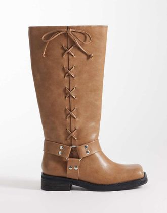 Public Desire Soulful - Kniehohe Stiefel in Taupe mit Harnischdetail-Neutral