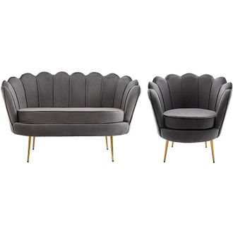 Vente-Unique Pascal Morabito - Canap&eacute; 2 places et fauteuil coquillage en velours anthracite dandelion de