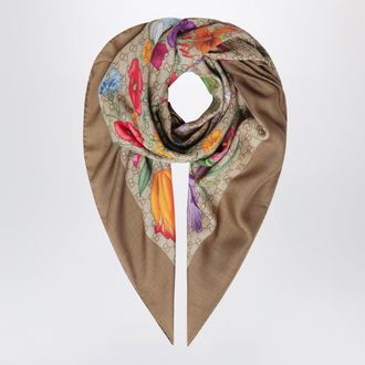 Gucci Schal aus Wolle und Seide mit GG-Print, hellbraun
