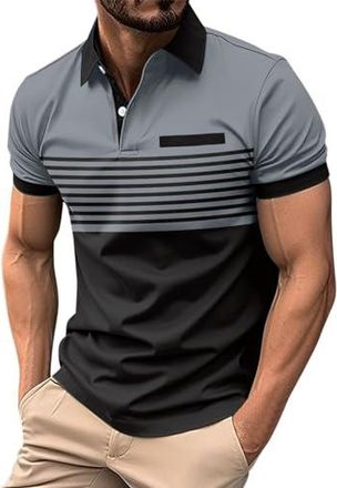 Generic Polo &agrave; manches longues pour homme 2025 - Motif &agrave; rayures contrast&eacute;es - Boutons &agrave; revers - Chemises ray&eacute;es pour homme, gris, L