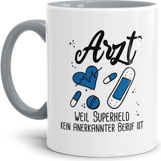 Tassendruck Berufe-Tasse Superheld Arzt - Kaffee-Tasse mit Spruch/Arbeit/Job/Lustig/Geschenk-Idee - Innen & Henkel Grau