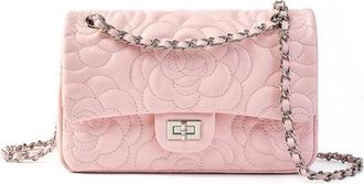 Generic Sac &agrave; bandouli&egrave;re matelass&eacute; pour femme - Sac &agrave; main en cuir vintage - Sac &agrave; bandouli&egrave;re &agrave; rabat - Broderie de fleurs imprim&eacute;es avec cha&icirc;ne, rose, 11.8