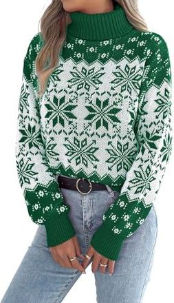 Generic Pull de No&euml;l pour femme - Col roul&eacute; flocon de neige Lanterne &agrave; manches longues Pull tendance tendance automne pull voyage quotidien, Vert, XL