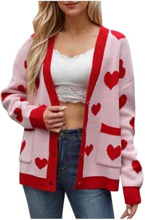 Generic Cardigan tricot&eacute; en forme de coeur avec poches et col en V pour la Saint-Valentin 2026, rose, XL