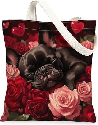 Generic Sac fourre-tout en toile pour le shopping 33 x 38 cm, motif bouledogue fran&ccedil;ais, sac d&eacute;picerie r&eacute;utilisable pour femme, animal de compagnie, motif ros