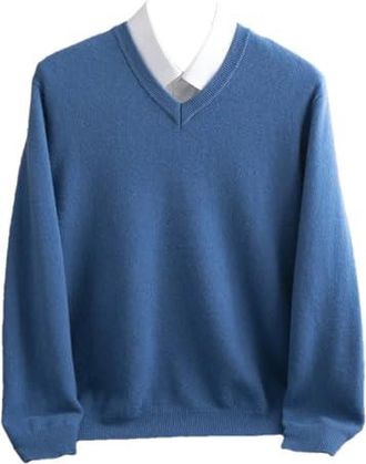 Generic Pull en laine m&eacute;rinos pour homme - Col en V - Chaud - Pour lhiver - Haut en tricot basique, bleu jean, 3XL