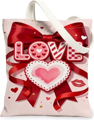Generic Sacs fourre-tout en toile avec motif coeur pour la Saint-Valentin, sacs d&eacute;picerie r&eacute;utilisables, l&eacute;gers et lavables avec bandouli&egrave;re, p&ecirc;che, 13x15 Inc
