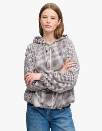Superdry karierte Raglan-Windbreaker-Jacke in Marineblau/ Ecru-Karo