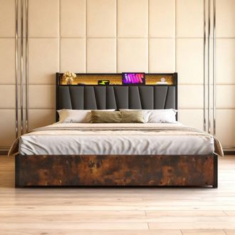 Generic Metallbett 160x200 cm mit APP-Steuerung & USB-Ladefunktion - Grau mit LED-Beleuchtung & Holzlattenrost - Doppelbett ohne Matratze