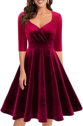 Bbonlinedress Robe de No&euml;l Soir&eacute;e Femme Chic Hiver Midi pour R&eacute;veillon Nouvel an Cocktail Mariage Bal Promo Col en V Manches Longue V-Dark Red 3XL