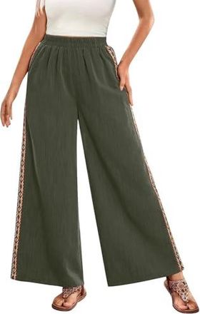 Generic Pantalon d&eacute;t&eacute; &agrave; jambe large pour femme - Taille haute - Jambe droite - Pantalon palazzo court boh&egrave;me r&eacute;tro brod&eacute; - Pantalon de plage - Pantalon de vac