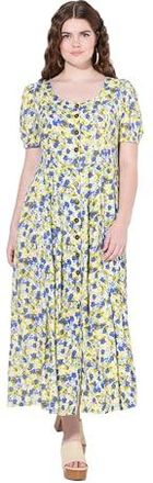 Ulla Popken Leinenmix-maxikleid, Rundhals, Halbarm, Taschen Robe, Jaune Soleil, 48-50 Femmes