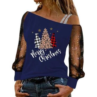 Generic T-Shirt Femme à Manches Longues et épaules dénudées | Blouse élégante en Dentelle Stretch pour Un Casual Quotidien (Dark Blue, XXL)