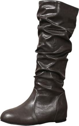 Generic Bottes hautes pour femme &agrave; talon plat confortables - Bottines de marche &eacute;l&eacute;gantes de couleur unie pliss&eacute;es d&eacute;contract&eacute;es &eacute;l&eacute;gantes &agrave; enfiler - Bottes 