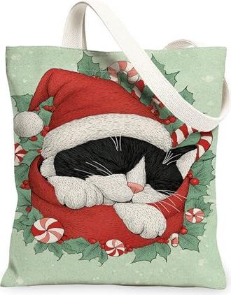 Generic Sac fourre-tout en toile avec motif chat de No&euml;l, motif chat mignon, sacs de courses r&eacute;utilisables, festifs, l&eacute;gers et lavables, vert, 13x15 Inch