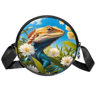 Generic Petit sac &agrave; bandouli&egrave;re circulaire pour femme, motif l&eacute;zard fleur, sac &agrave; dos &agrave; bandouli&egrave;re avec fermeture &eacute;clair, bretelles r&eacute;glables, sac &agrave; main rond
