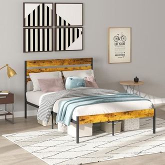 HOMCOM Cadre de lit Double 140 x 200 cm lit 2 Personnes Industriel avec Rangement, sommier, t&ecirc;te et Pied - en Bois et Acier, Aspect Bois fonc&eacute; et Noir