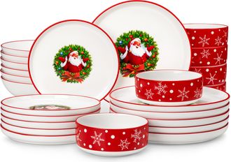 Malacasa Weihnachtsgeschirr 6 Personen, 24-teiliges Porzellan Weihnachten Geschirr, mikrowellen- und spülmaschinengeeignet, mit 6 Speisetellern, 6 Desserttelle