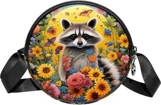 Generic Petit sac &agrave; bandouli&egrave;re rond pour femme, motif tournesols et raton laveur avec fermeture &eacute;clair et bretelles r&eacute;glables
