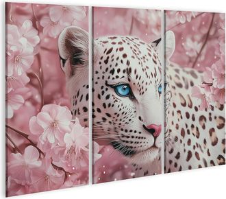 Islandburner Prime Bild auf Leinwand Leopard mit blauen Augen unter rosa Blüten Bilder Wandbilder Poster