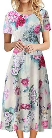 Generic Robes boh&egrave;me 2026 pour femmes, robe d&eacute;contract&eacute;e, col rond, manches courtes, imprim&eacute; floral boh&egrave;me, t-shirt ample et fluide, bleu, L